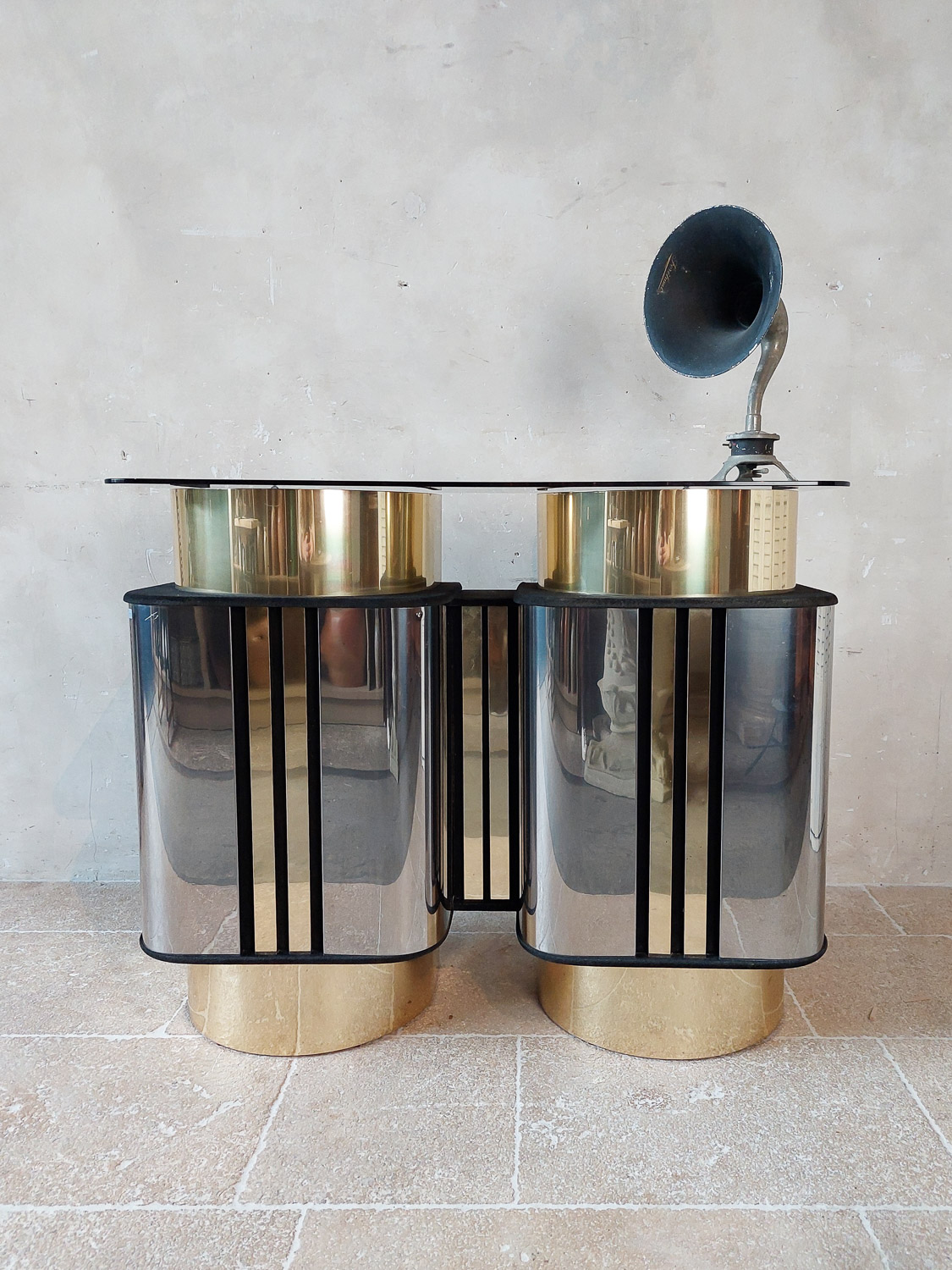 Midcentury Hausbar aus Messing, Metall und Rauchglas - Piet Jonker