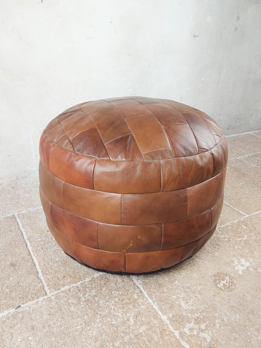 Runder Vintage Hocker aus braunem Leder - Piet Jonker